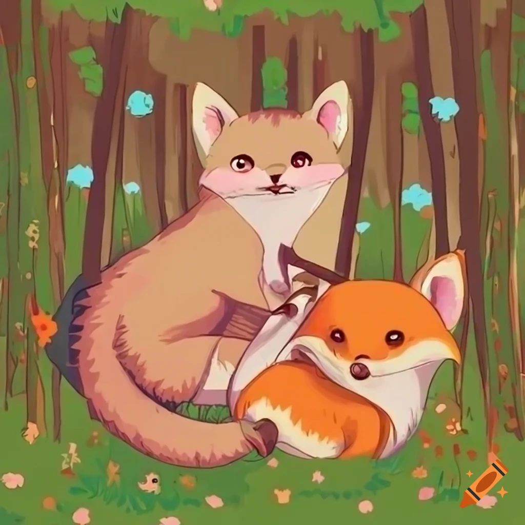 Cute illustration of two foxes in the forest