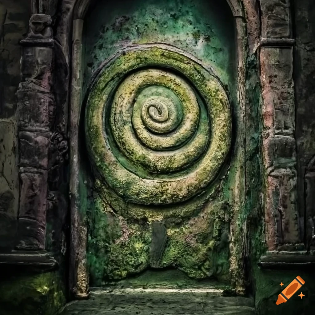 Baroque moss-covered door with bas-relief galaxy design on Craiyon