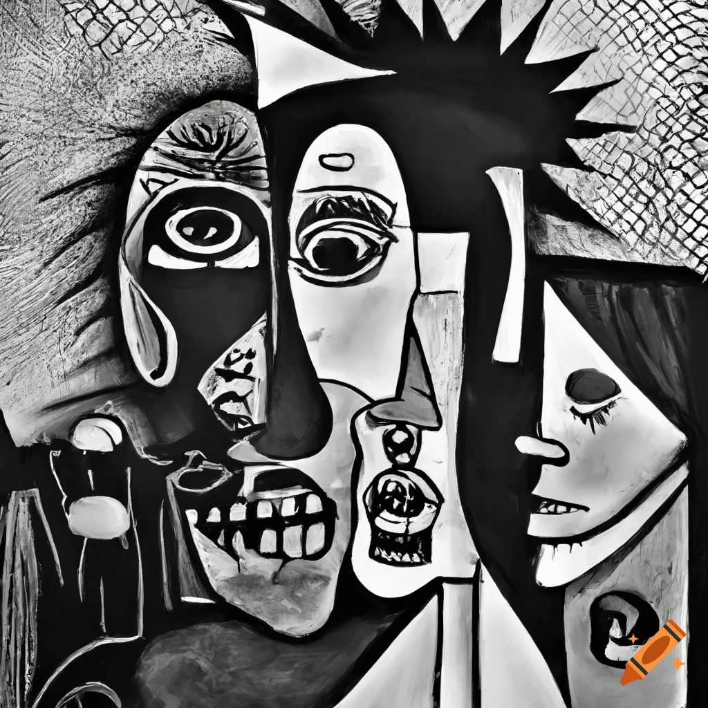 Black and white artwork, picasso's guernica on Craiyon