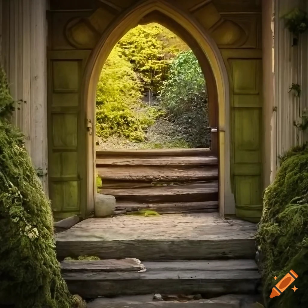 View of a moss-covered stone door in a garden on Craiyon