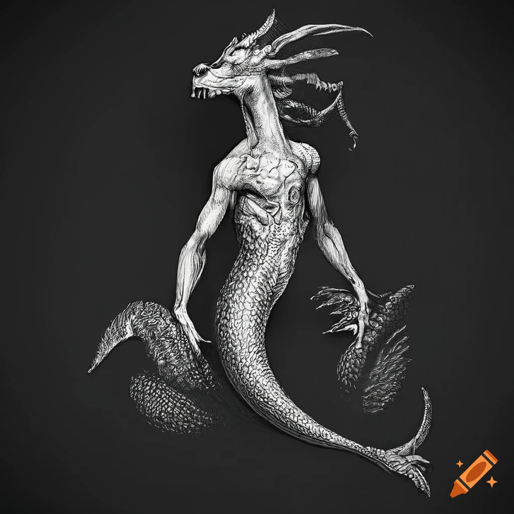 Black and white etching of a merman seadragon on Craiyon