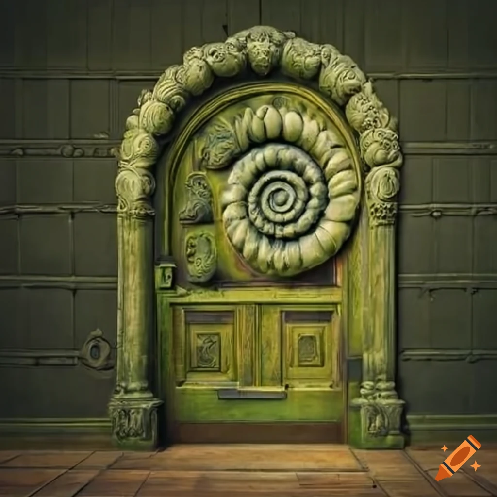 Surreal moss-covered baroque door with spiral bas-relief on Craiyon