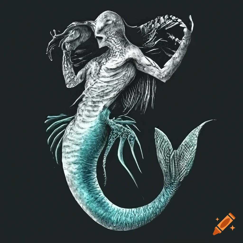 Detailed etching of prehistoric sea monster