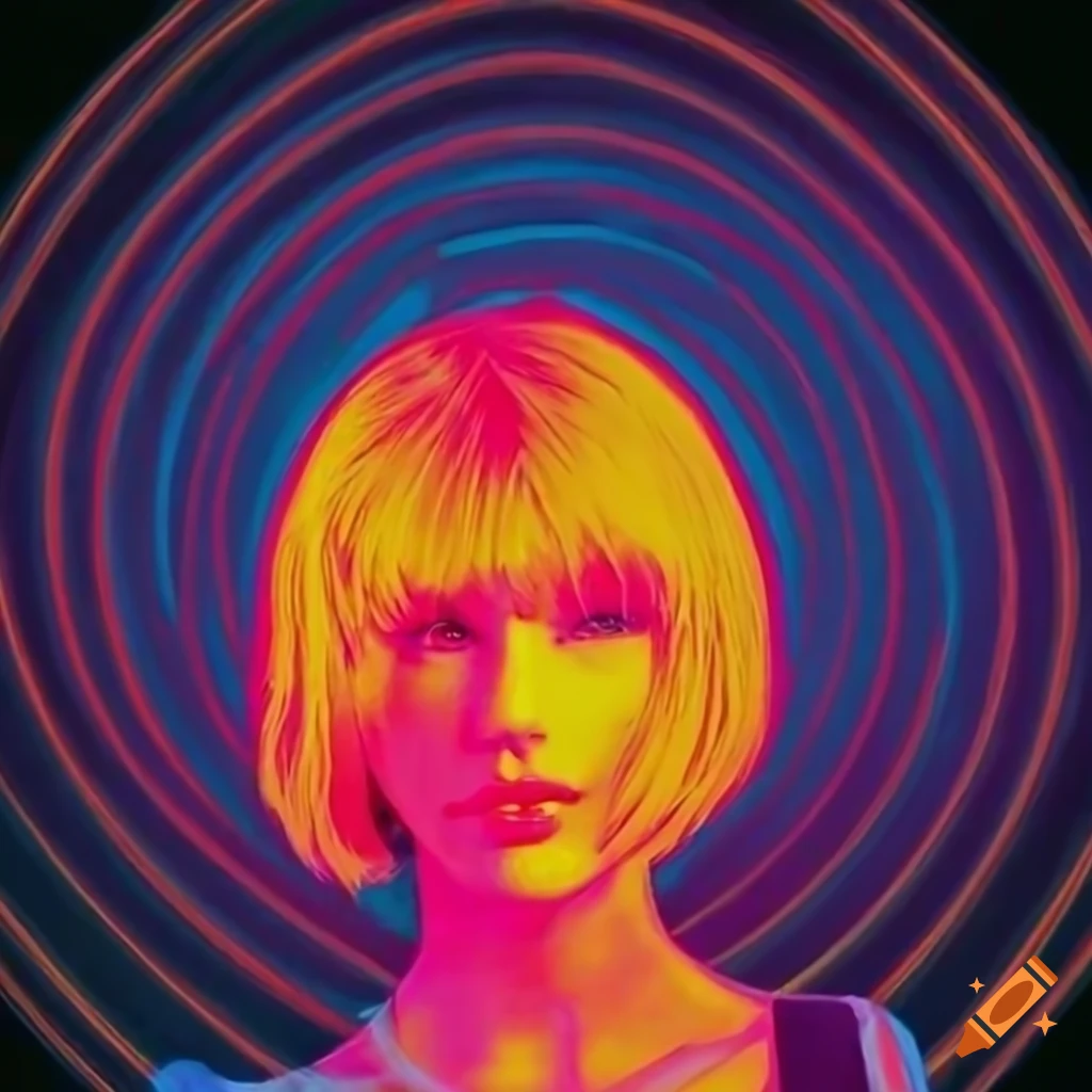 Pop art style image of Taylor Swift with tangerine neon lights on Craiyon