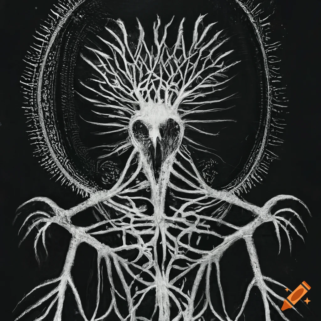 Intricate black and white artwork of mysterious creatures formed by roots