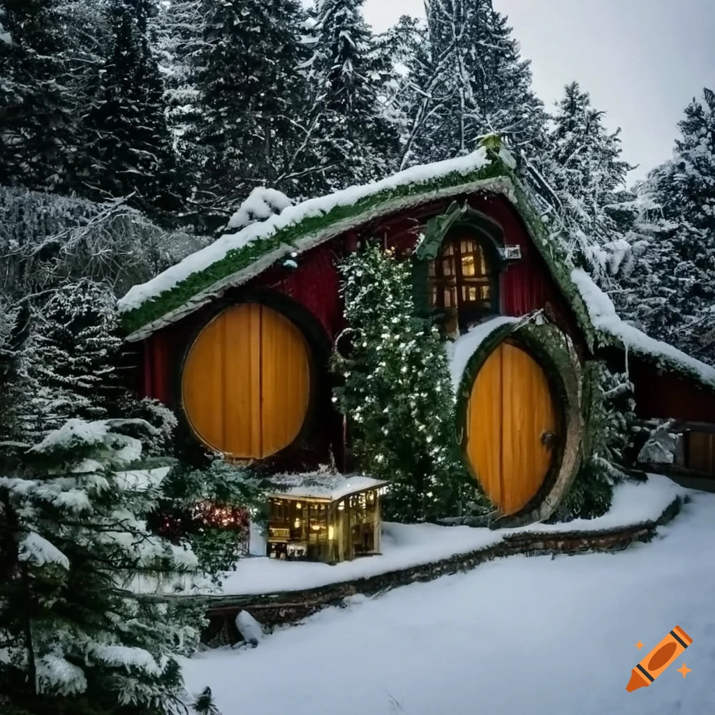 Snowy hobbit house with christmas decorations