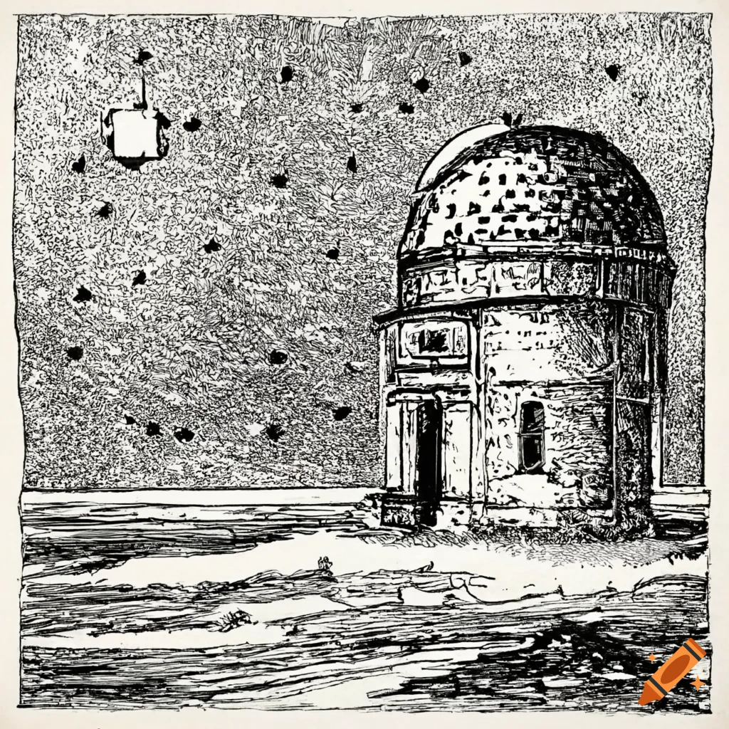Old black and white drawing of an observatory with stars on Craiyon