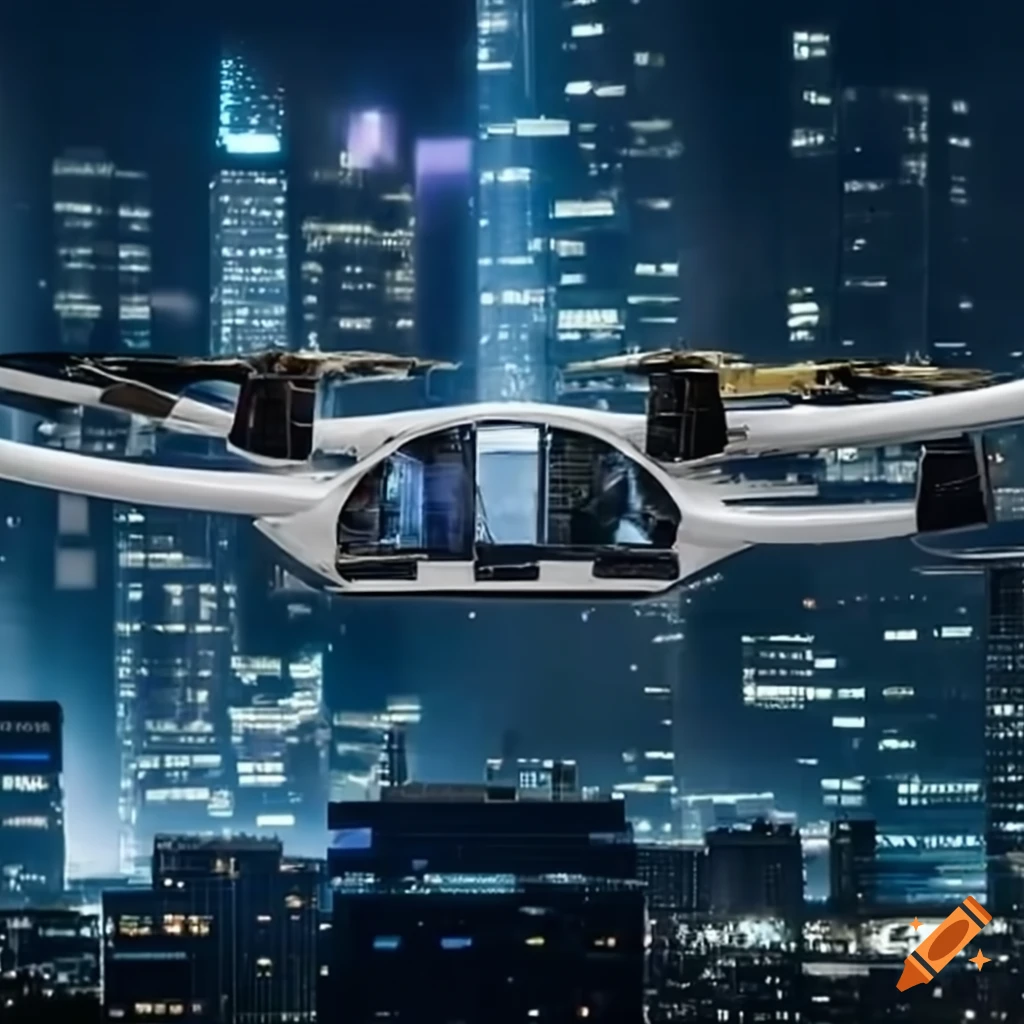 Illustration of a futuristic city with flying cars and robots on Craiyon