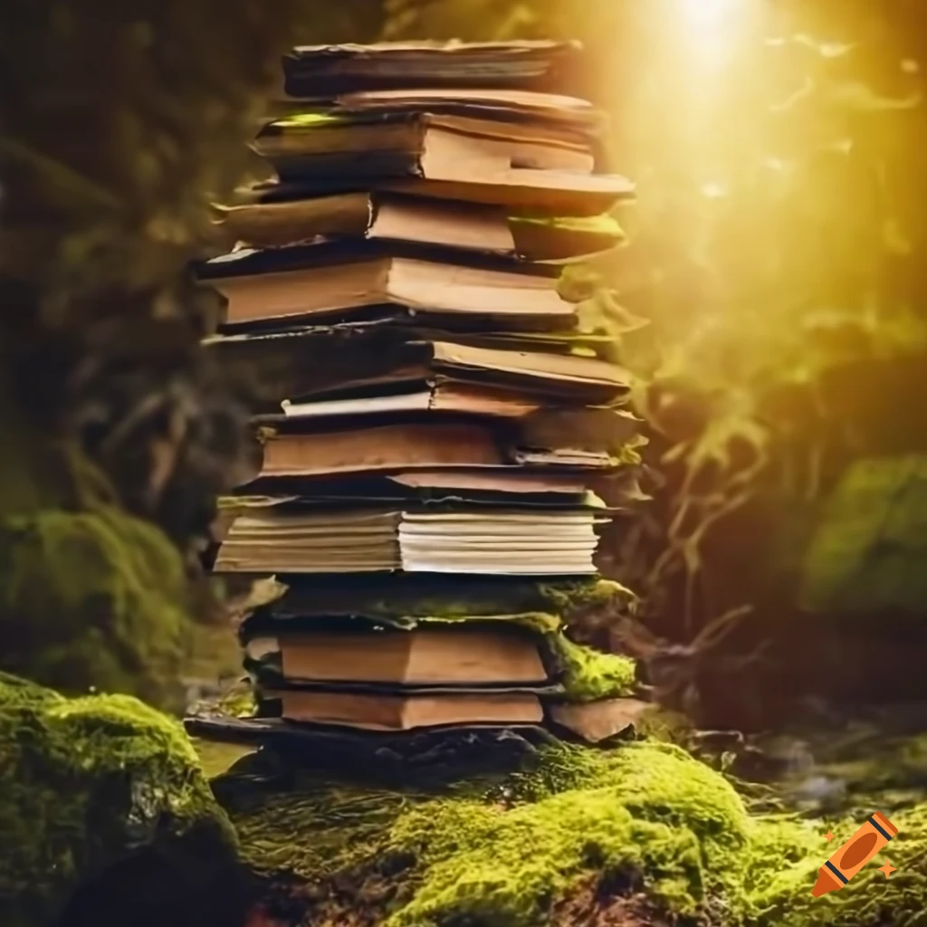 Books stacked in a moss-covered cellar on Craiyon
