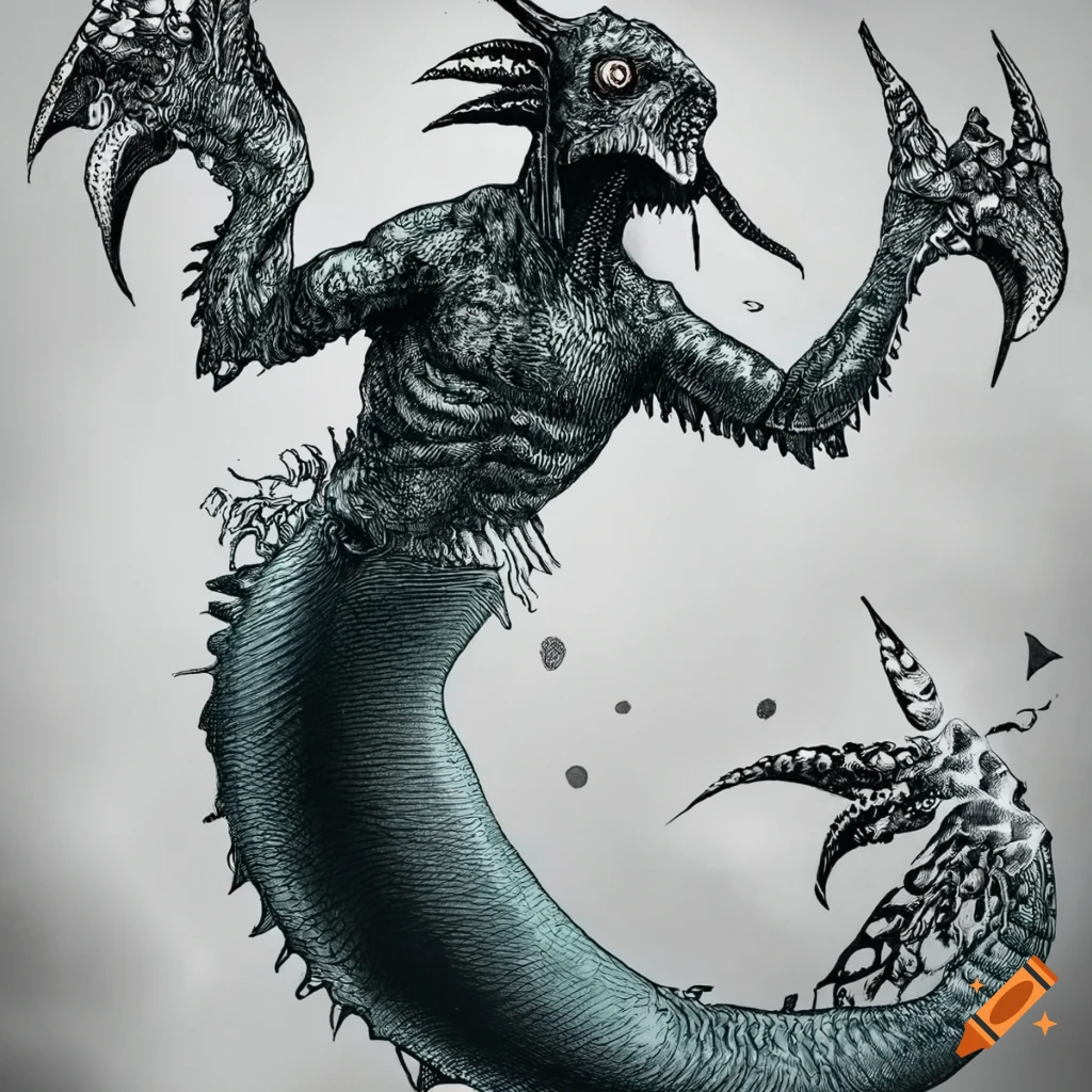 Detailed etching of a prehistoric deep sea merman