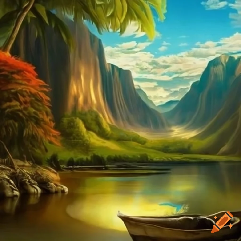 Realism artwork depicting a perfect paradise world