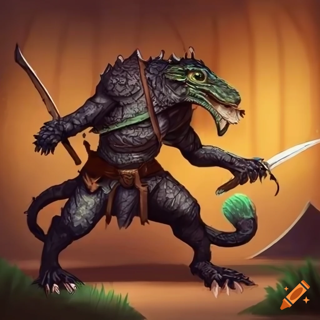 Fantasy art of a lizardfolk swordfighter practicing on Craiyon