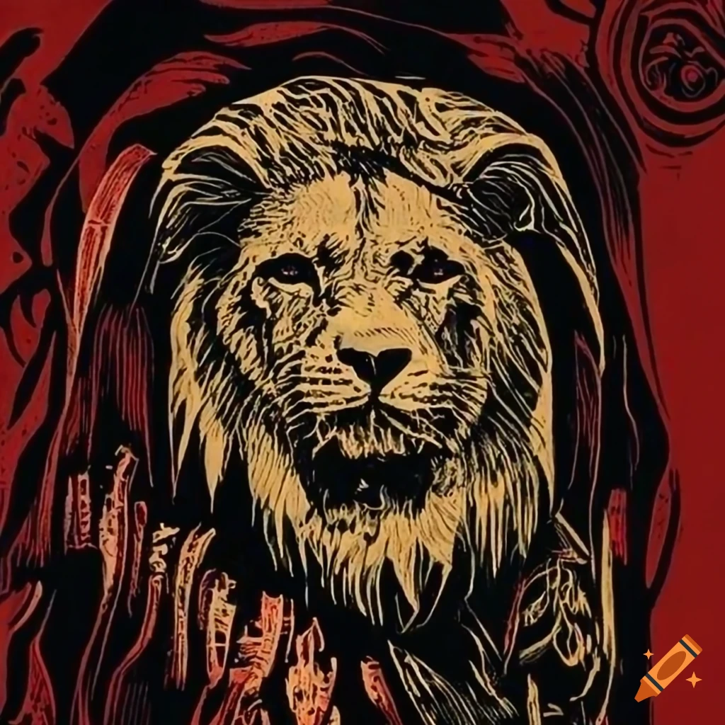 Linocut artwork of Rath the lion demon on Craiyon