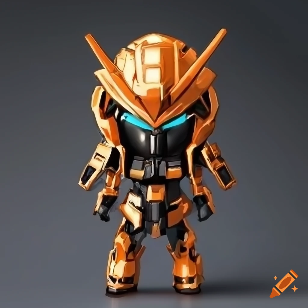 Chibi gundam robot in black and orange armor on Craiyon