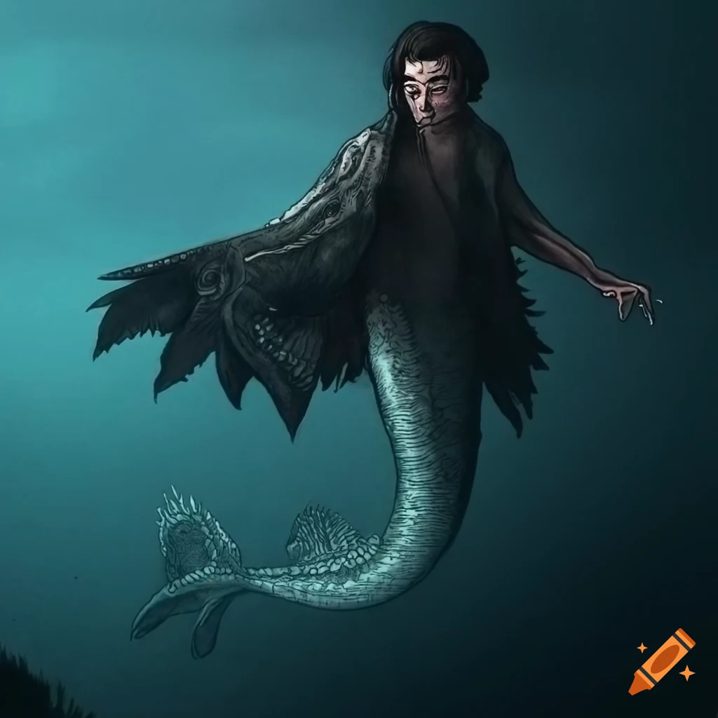 Detailed etching of a prehistoric merman monster