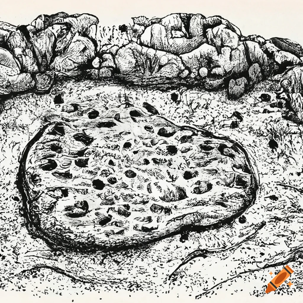 Black and white drawing of a rocky swimming pool on Craiyon