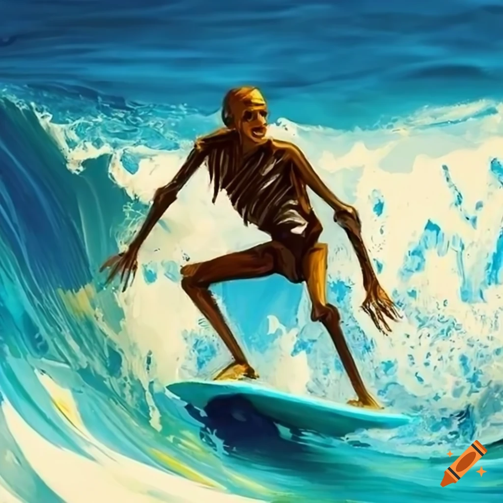 Painting of a skeleton surfing on Craiyon