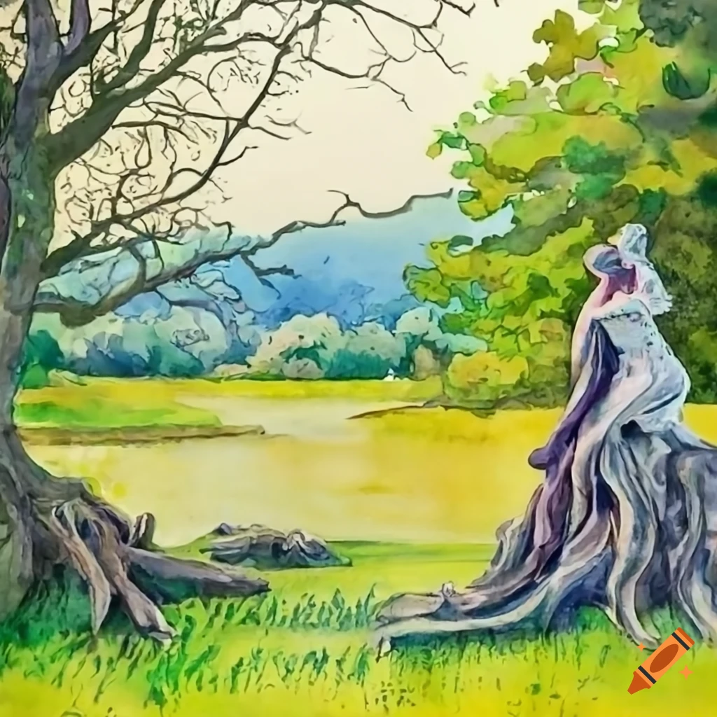 Line drawing of a large tree with a child fairy sitting on a branch on ...