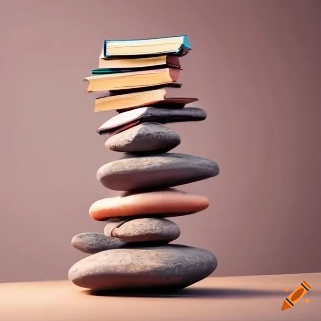 Stack of modern books on balancing stones