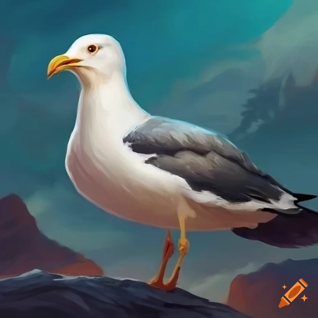 Detailed illustration of a majestic seagull in magic style on Craiyon