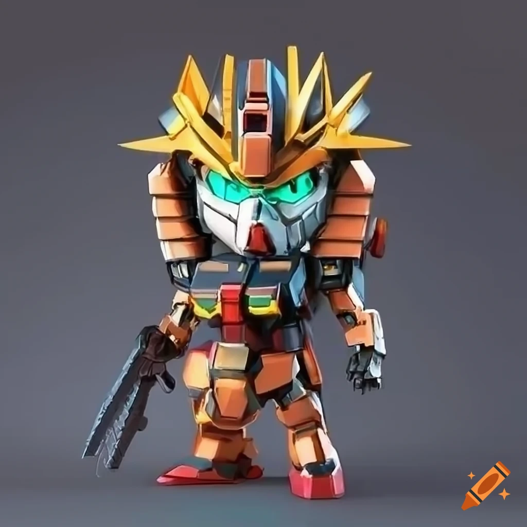 Chibi gundam robot in black and orange armor on Craiyon