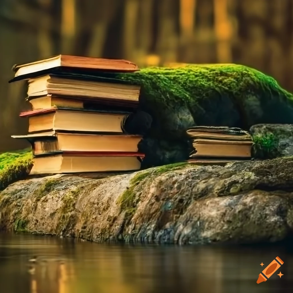 Books stacked in a kayak on a scottish highlands loch on Craiyon