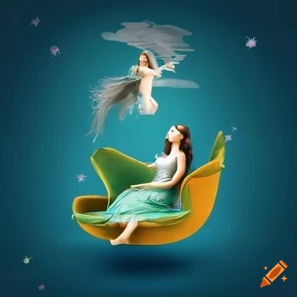 Whimsical art of a goddess sitting in a floating armchair