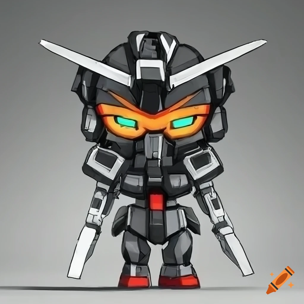 Chibi Gundam robot in black and orange armor on Craiyon