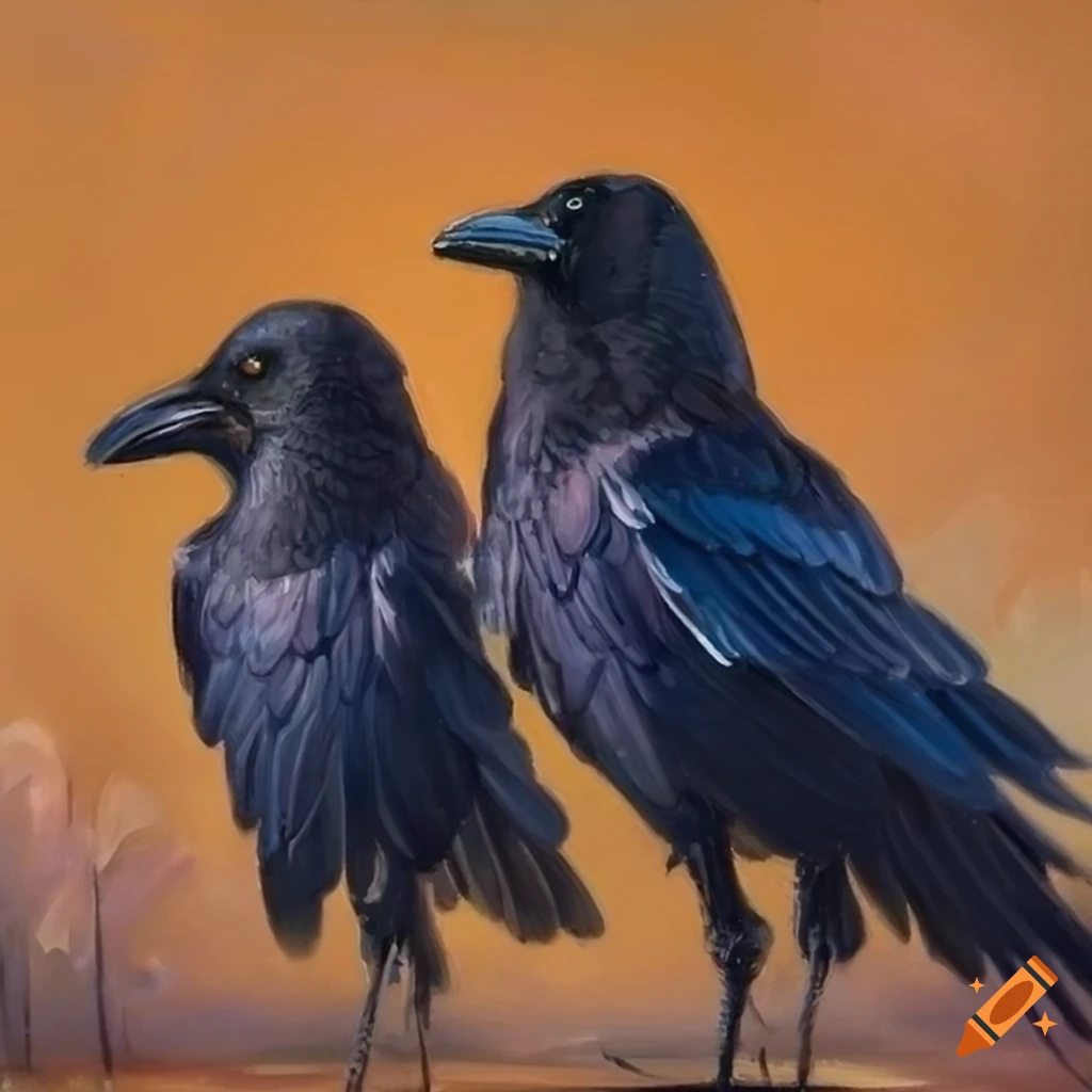 Close-up oil painting of three ravens by a shallow creek on Craiyon
