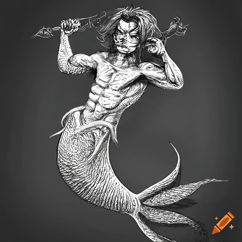 Detailed black and white etching of steve harrington as a merman on Craiyon