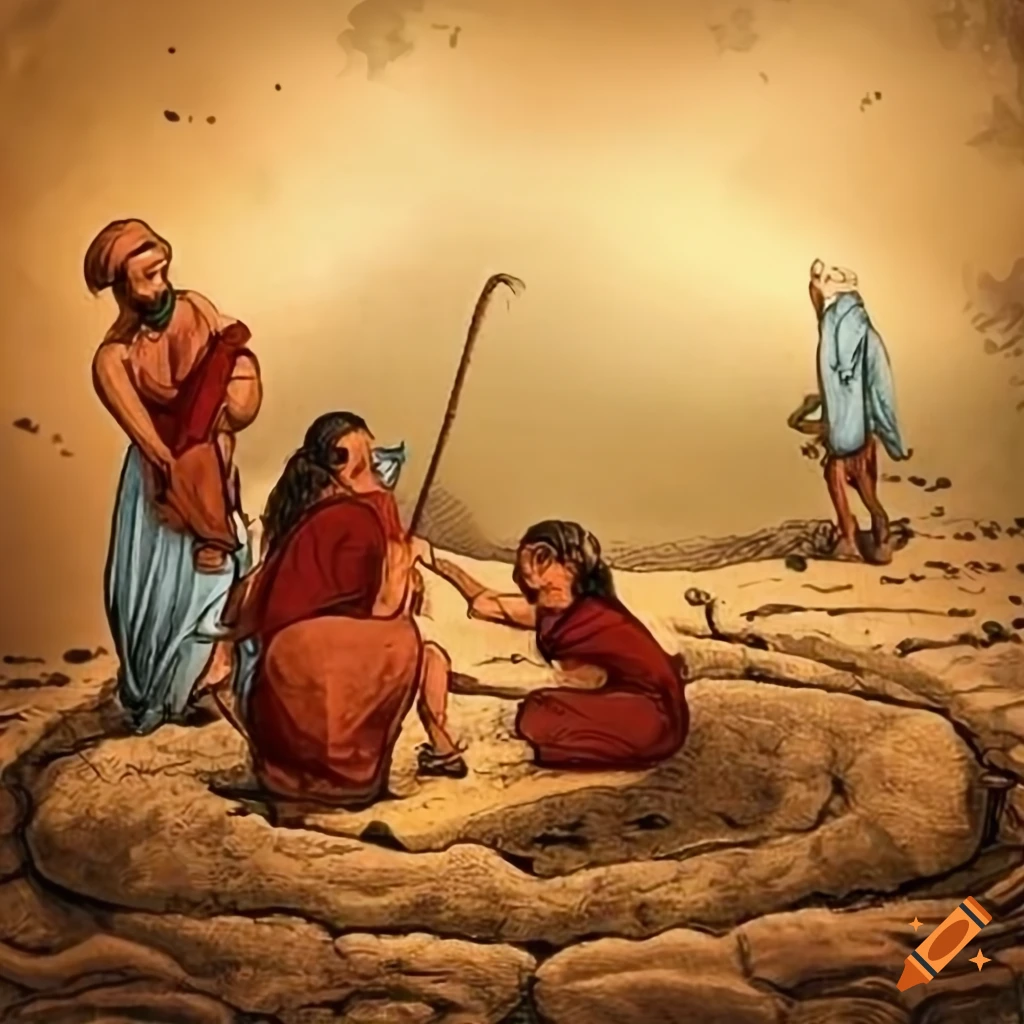 Prehistoric illustration of people finding spring well on Craiyon