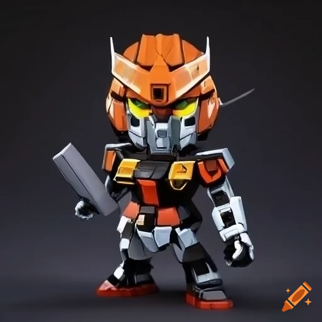 Chibi gundam robot with black, orange, and white color scheme on Craiyon