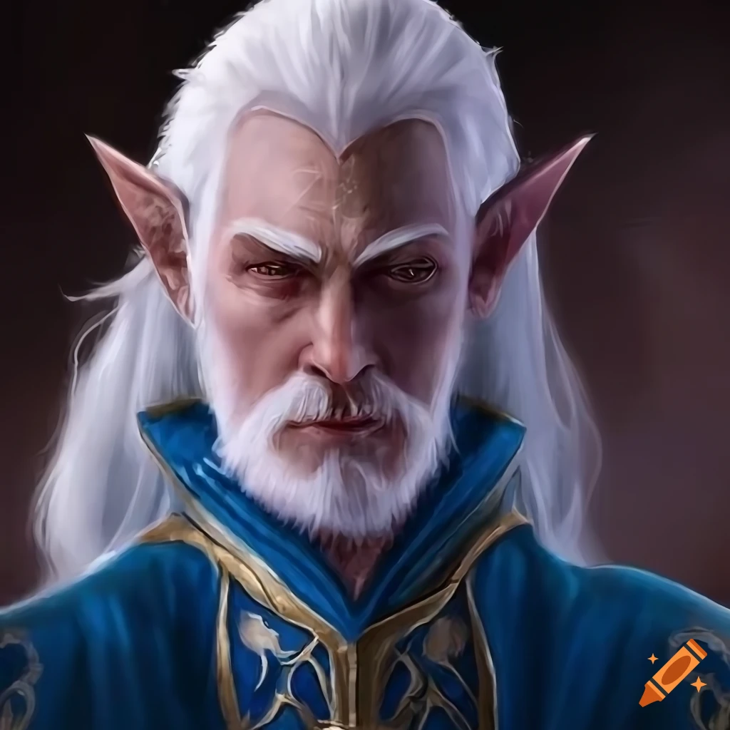 Portrait of an ancient male elf wearing blue robe surrounded by ...