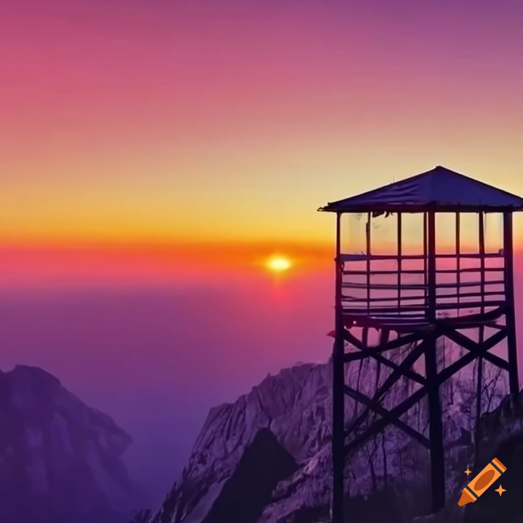 Sunset over mountains with fire lookout