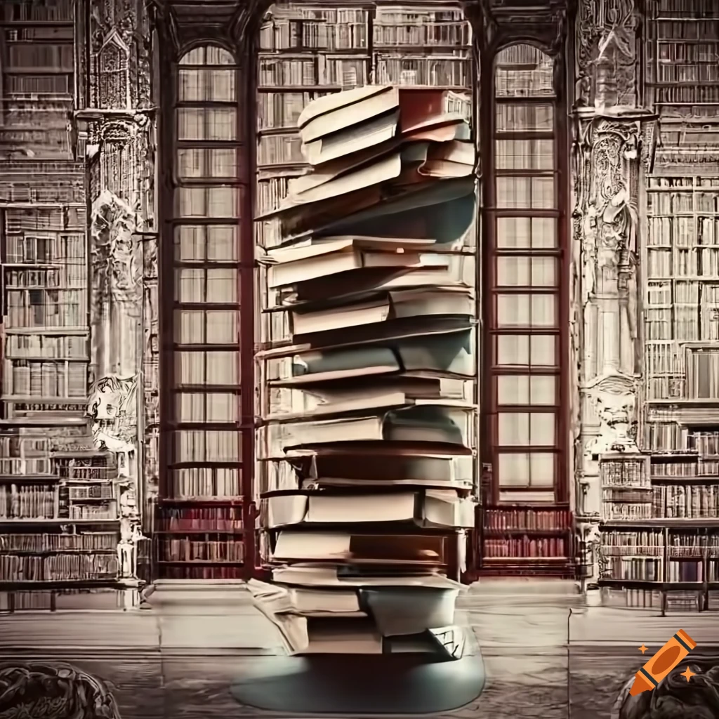 Unstable stack of books in a library on Craiyon
