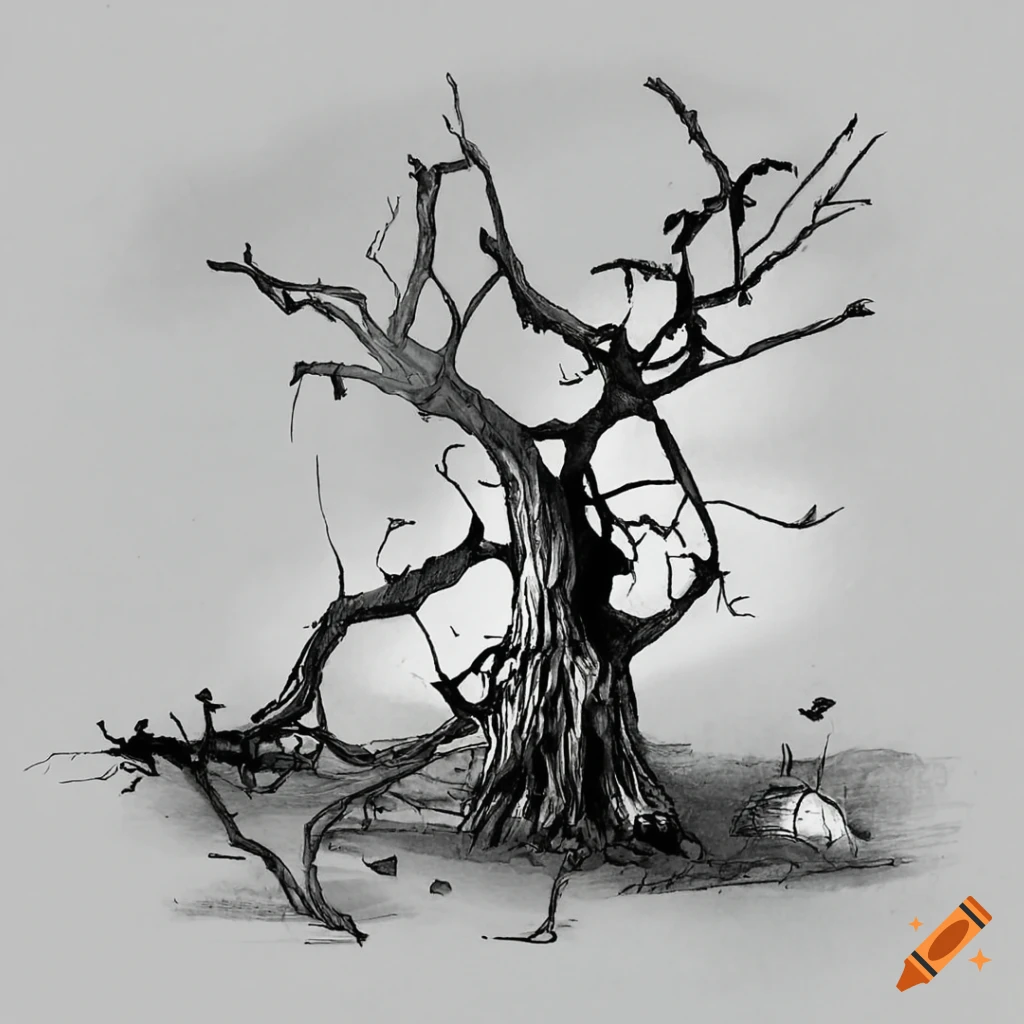 Ink drawing of a split dead tree on Craiyon