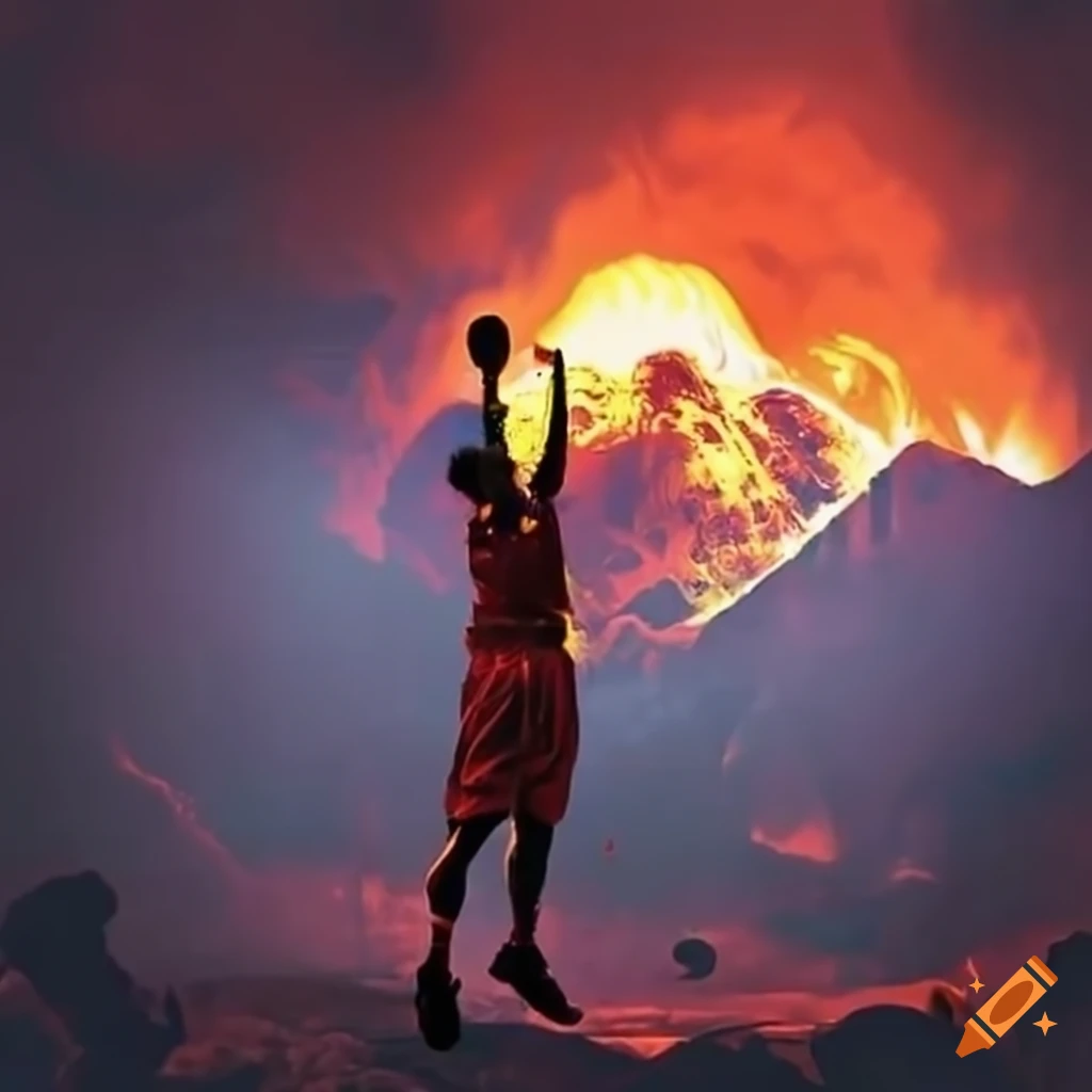 Basketball player dunking into a volcano