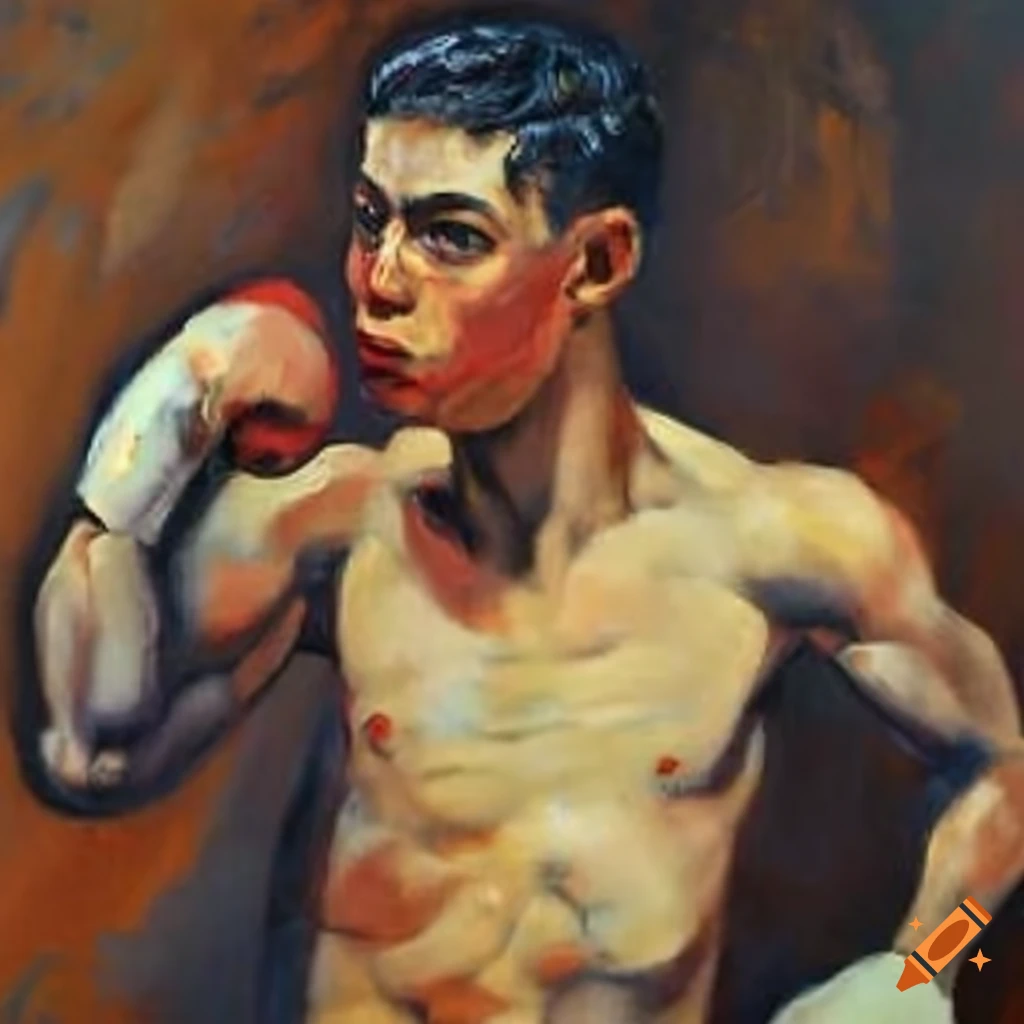 Expressionist oil painting of two male boxers