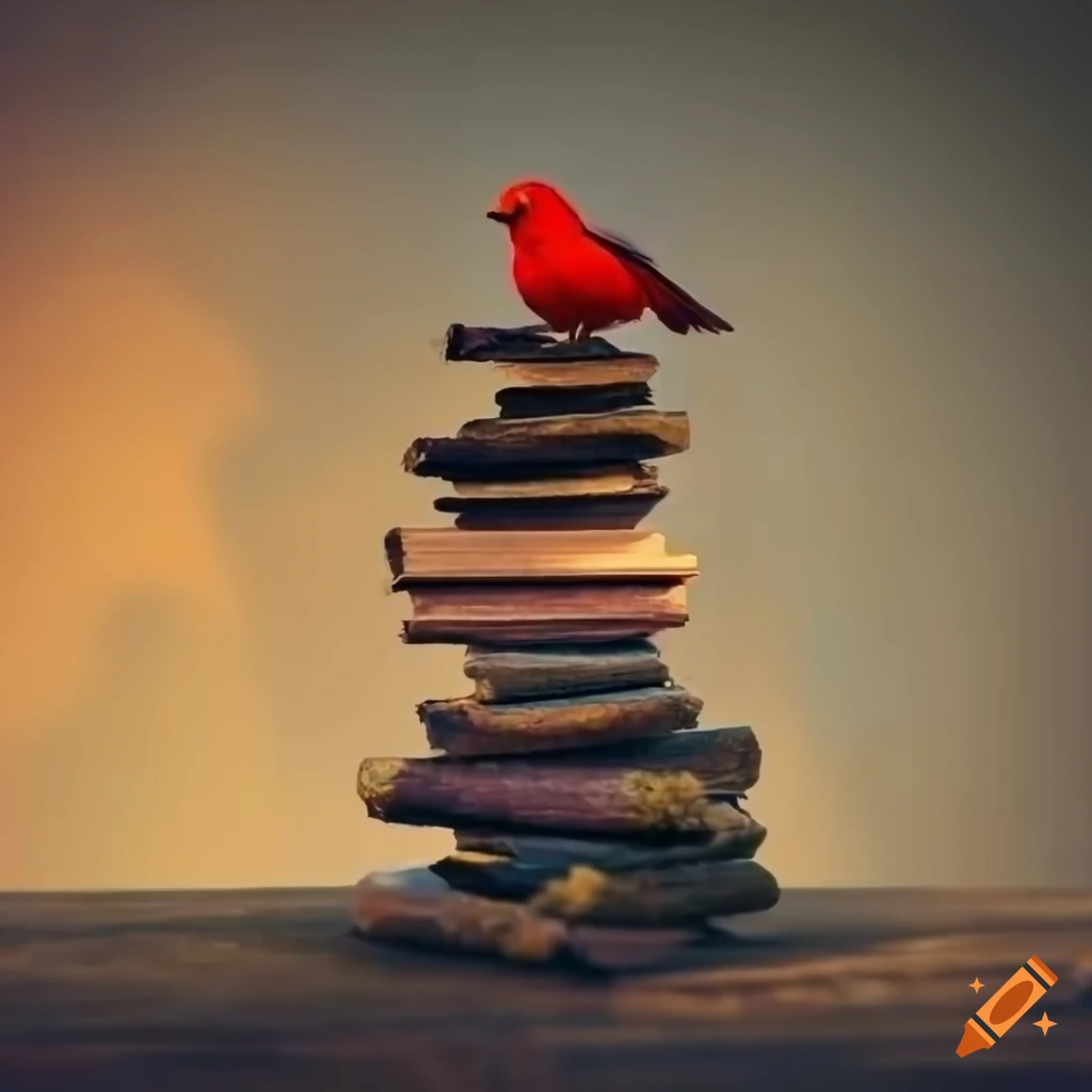 Red bird perched on a stack of books in a moss-covered cellar on Craiyon