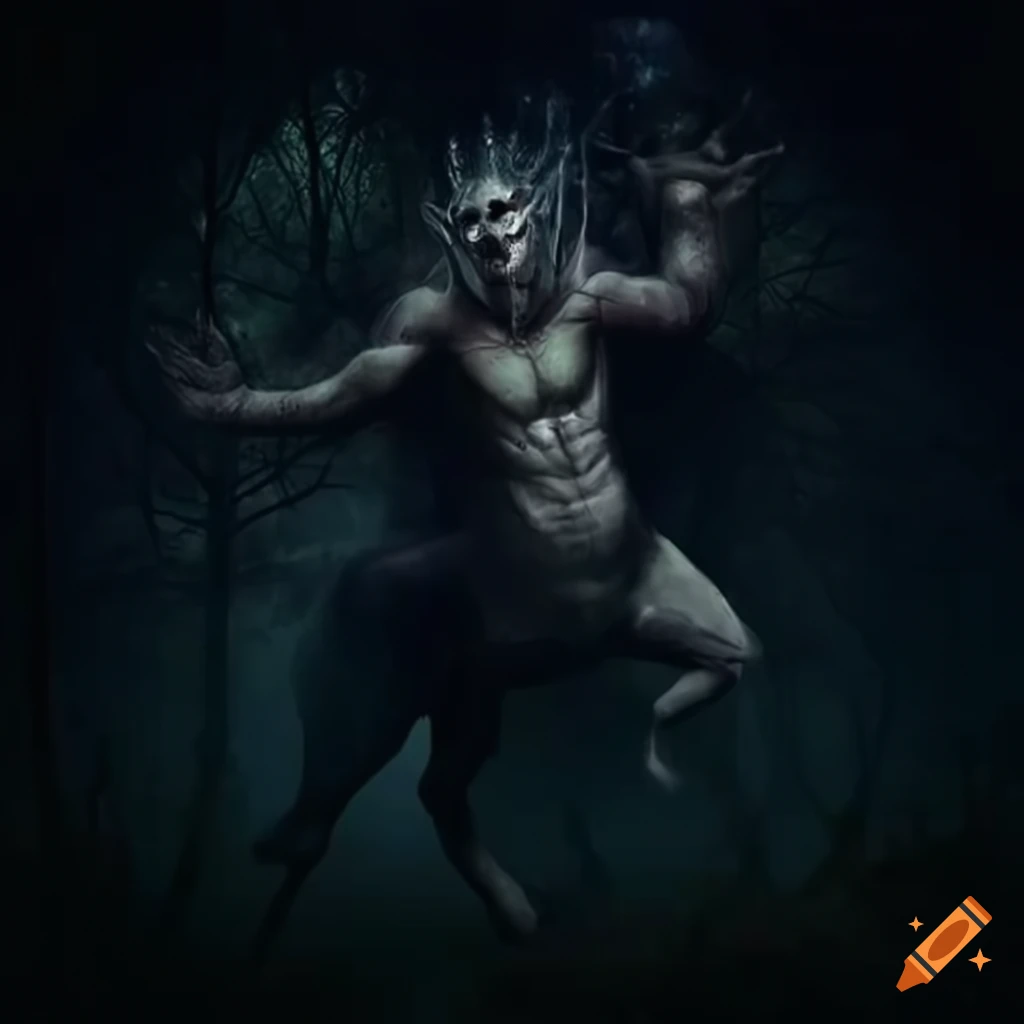 Dark artwork of a hidden centaur in an enchanted forest on Craiyon