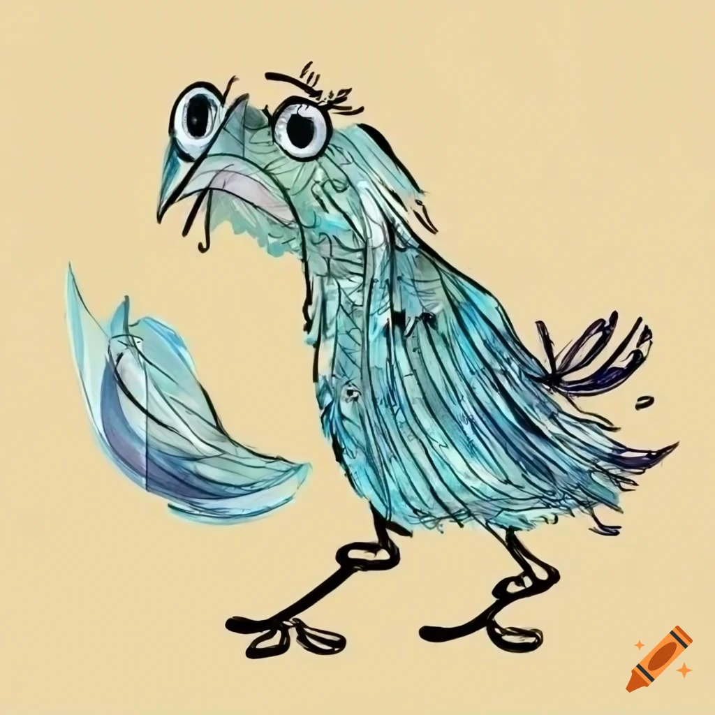Cartoon sketch of a wacky bird with unruly feathers