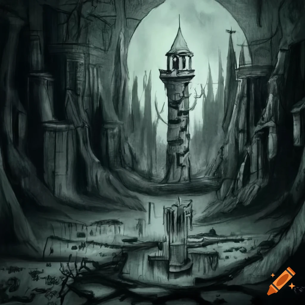 Surreal pencil sketch of a haunted tower