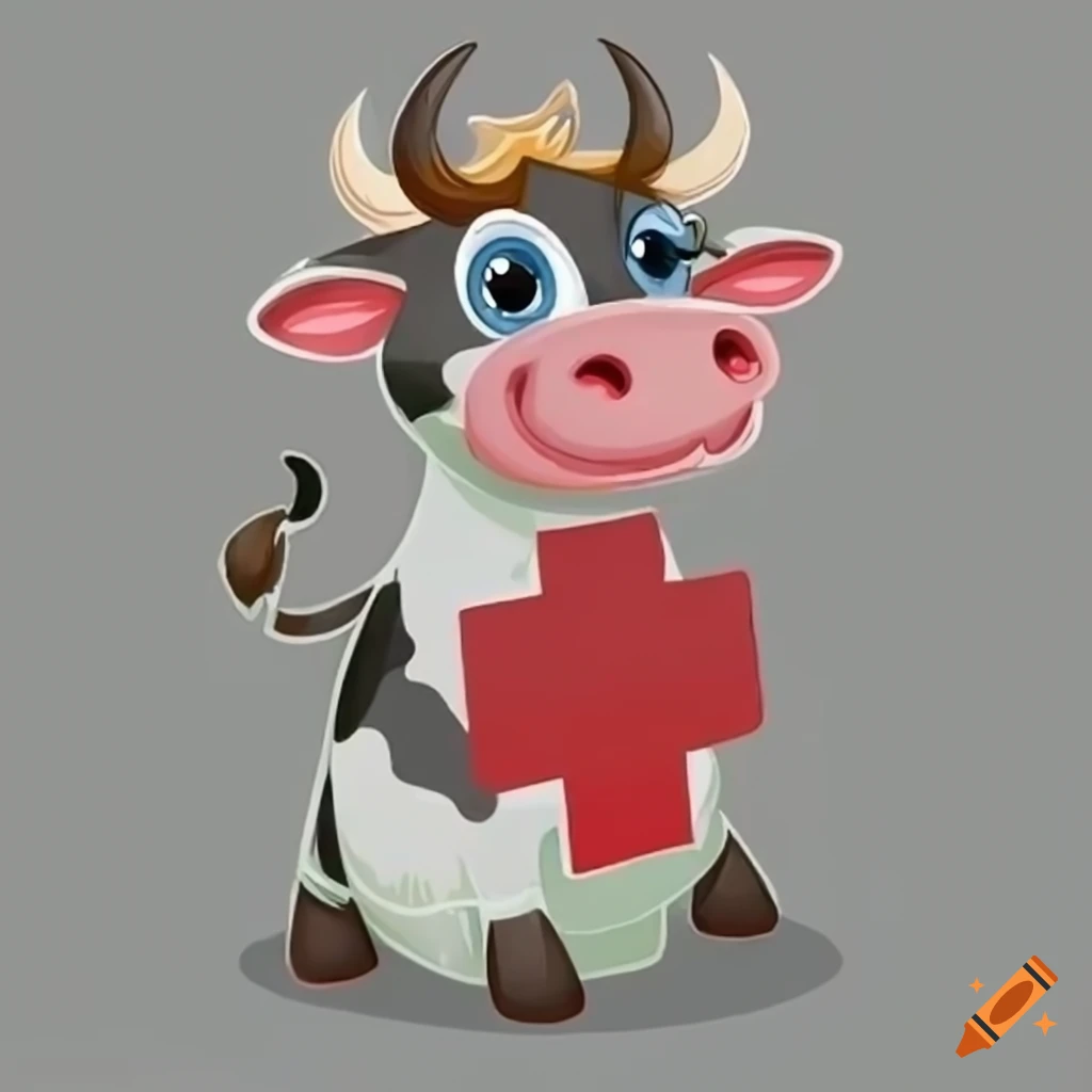 Cartoon cow with a red cross on bib on Craiyon