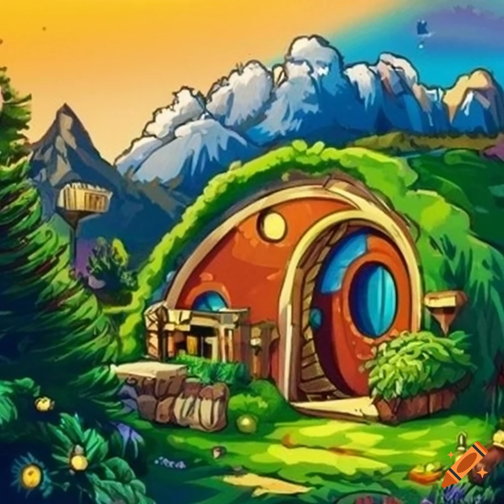 Comic illustration of a whimsical hobbit house in a video game world on ...