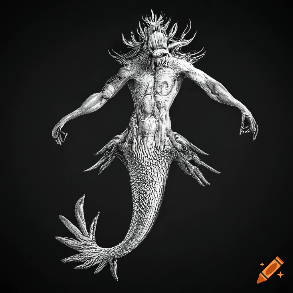 Dark etching of a parasitic merman monster on Craiyon