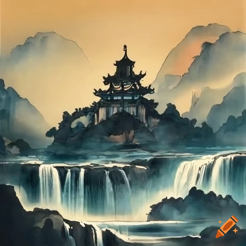 Traditional Chinese ink painting of mountain landscape with temple and ...