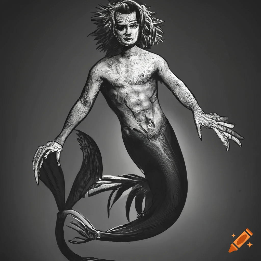 Detailed etching of Steve Harrington as a merman monster on Craiyon