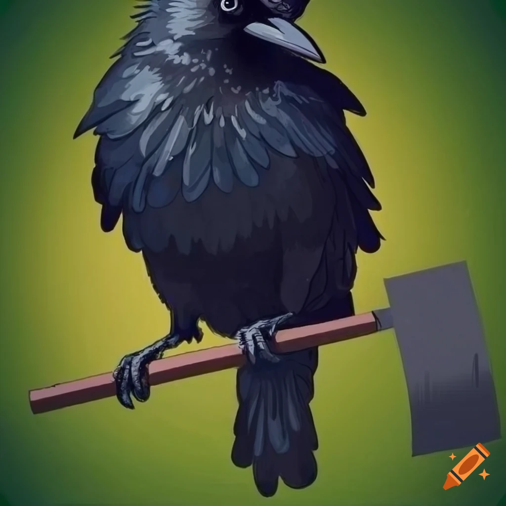 Quirky illustration of a crow gardening with a hoe on Craiyon