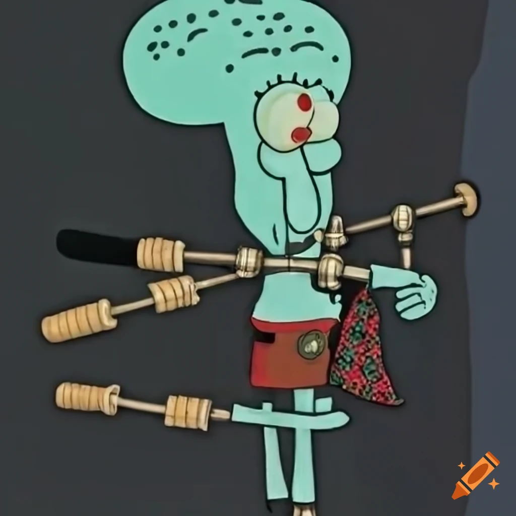 Squidward playing bagpipe in a comical artwork on Craiyon