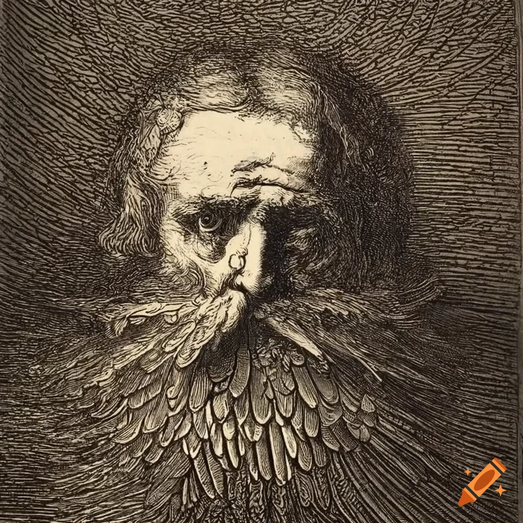 Gustave dore's etching of a man with winged beard on Craiyon
